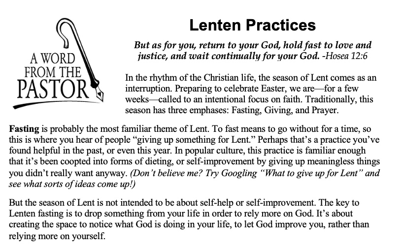 March 2021 Newsletter Column: Lenten Practices - Pastor Daniel Flucke