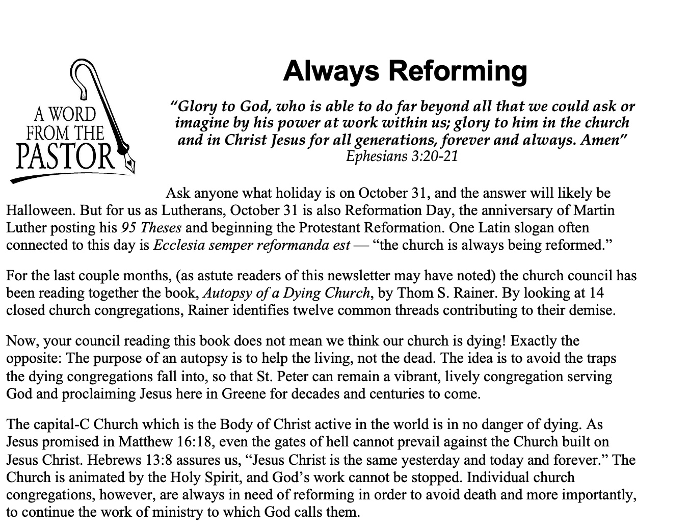 October 2020 Newsletter Column Always Reforming Pastor Daniel Flucke