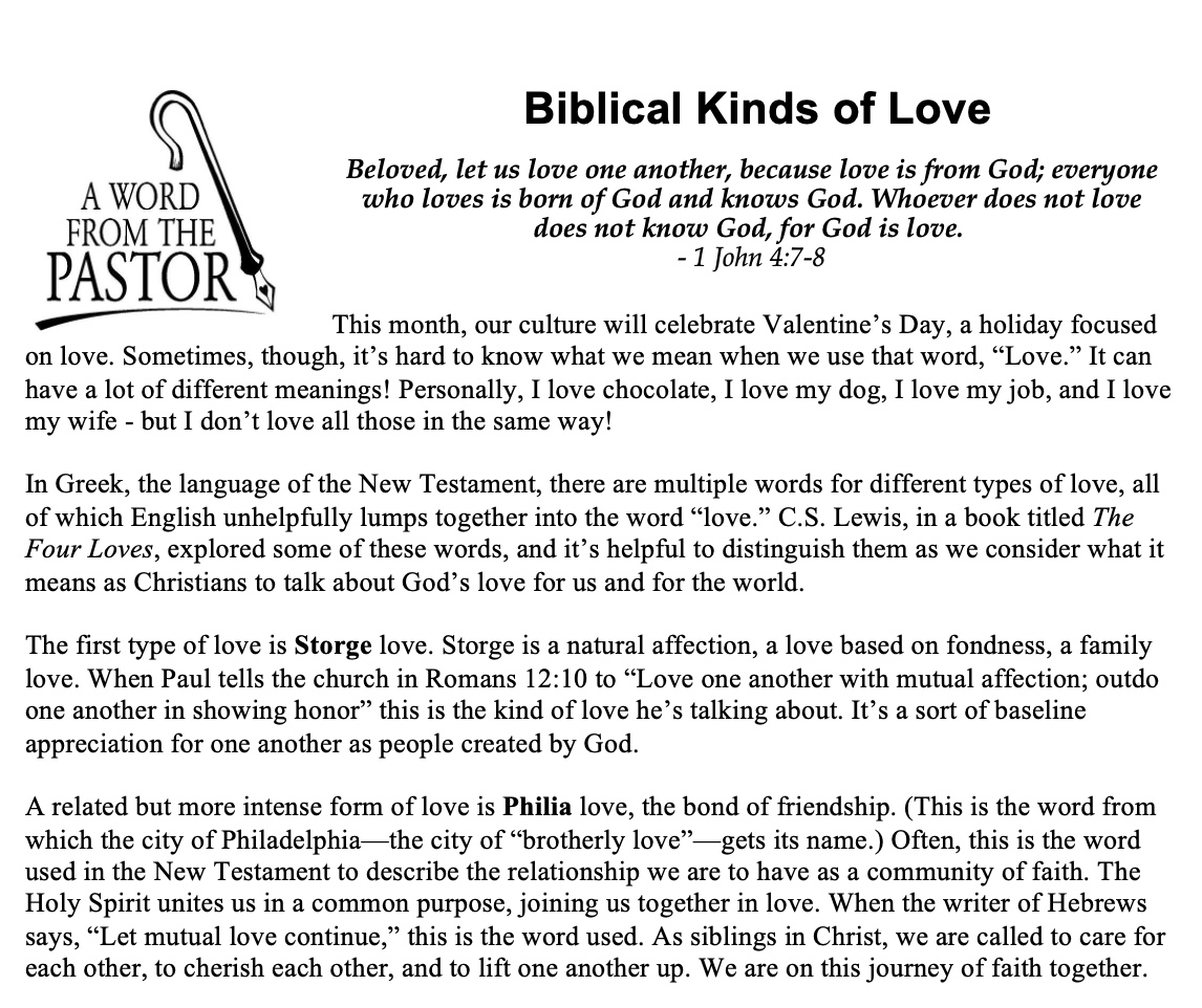 February 2022 Newsletter Column Biblical Kinds Of Love Pastor Daniel February 2022 Newsletter Column Biblical Kinds Of Love Pastor Daniel